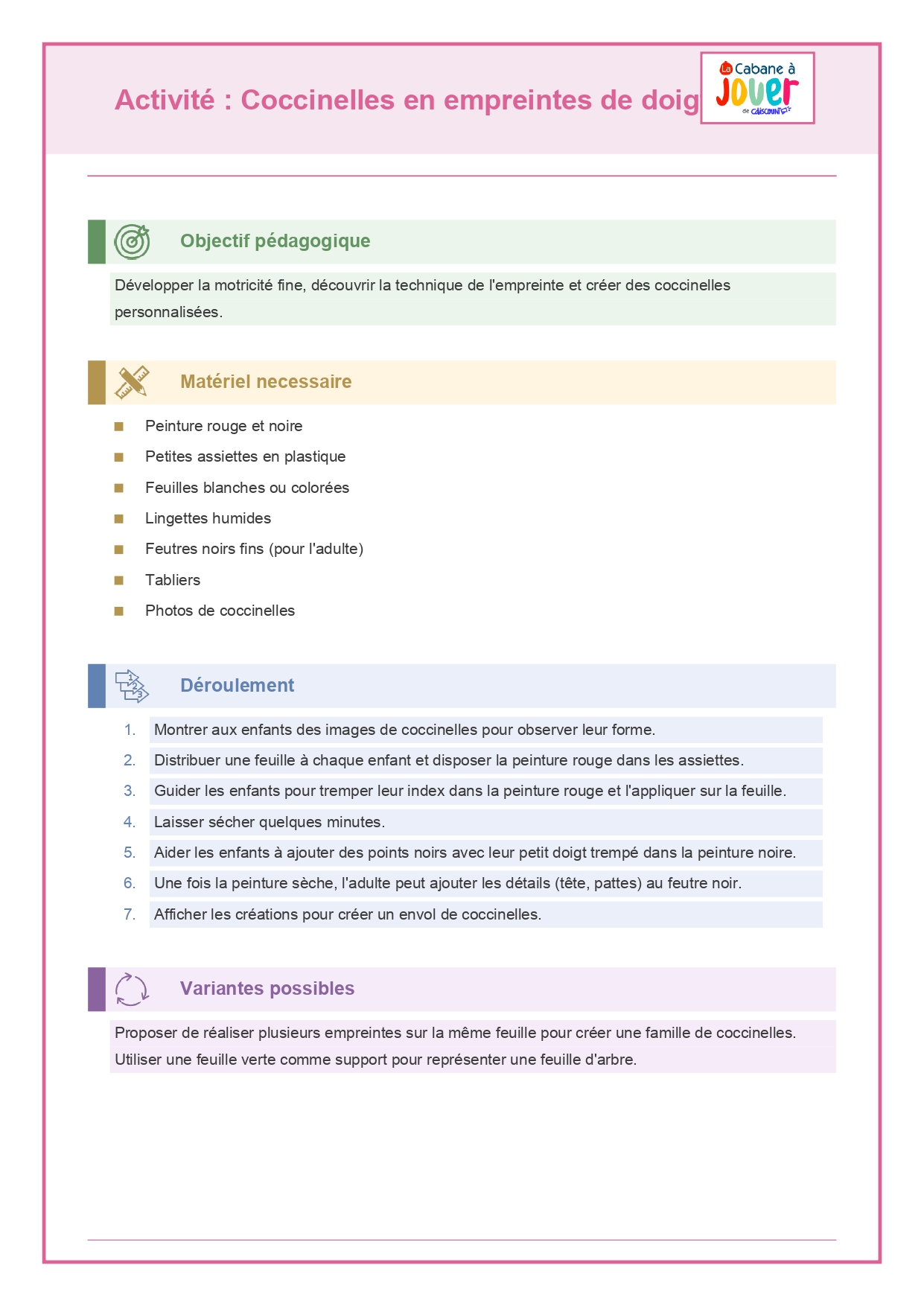 Fiches maternelle coccinelle : compter, observer, créer (PS à GS)
