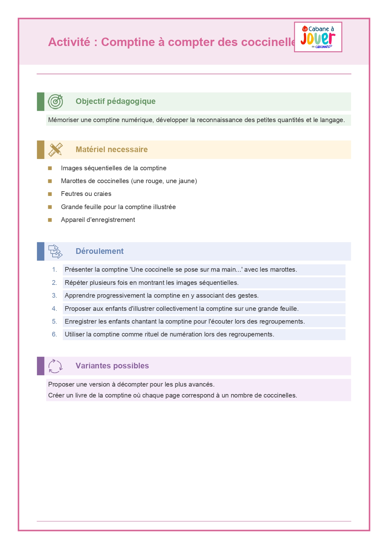 Fiches maternelle coccinelle : compter, observer, créer (PS à GS)