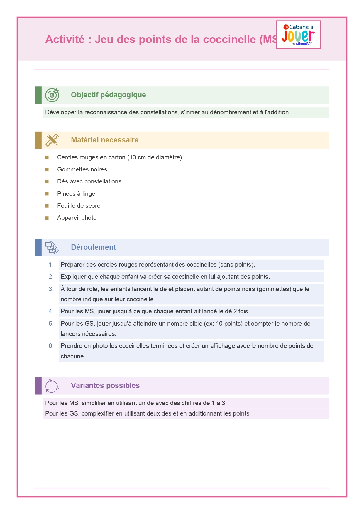 Fiches maternelle coccinelle : compter, observer, créer (PS à GS)
