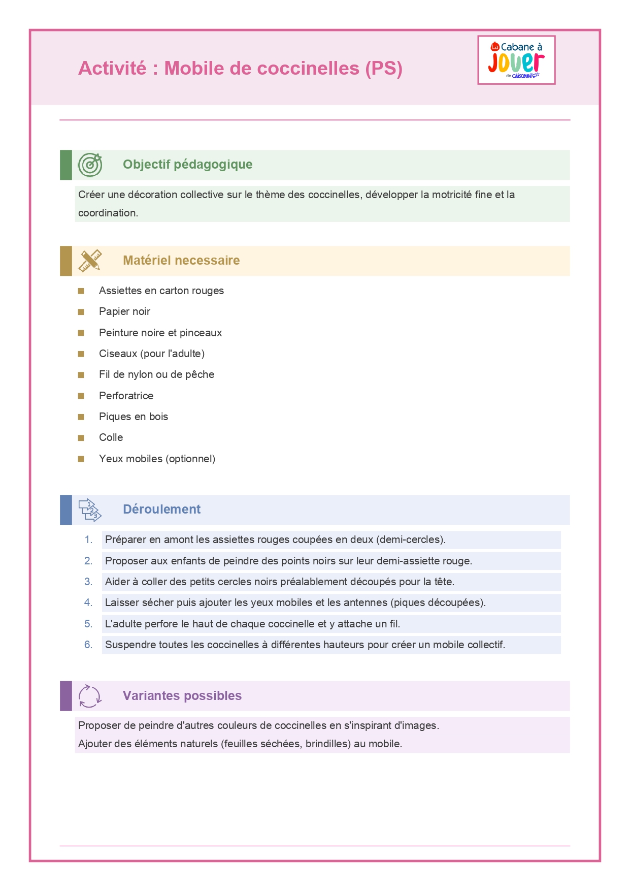 Fiches maternelle coccinelle : compter, observer, créer (PS à GS)