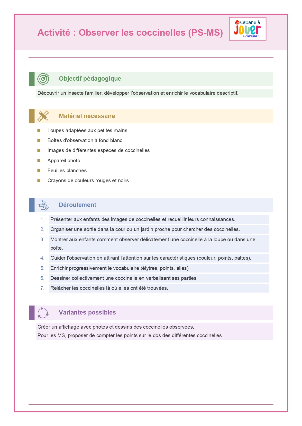 Fiches maternelle coccinelle : compter, observer, créer (PS à GS)